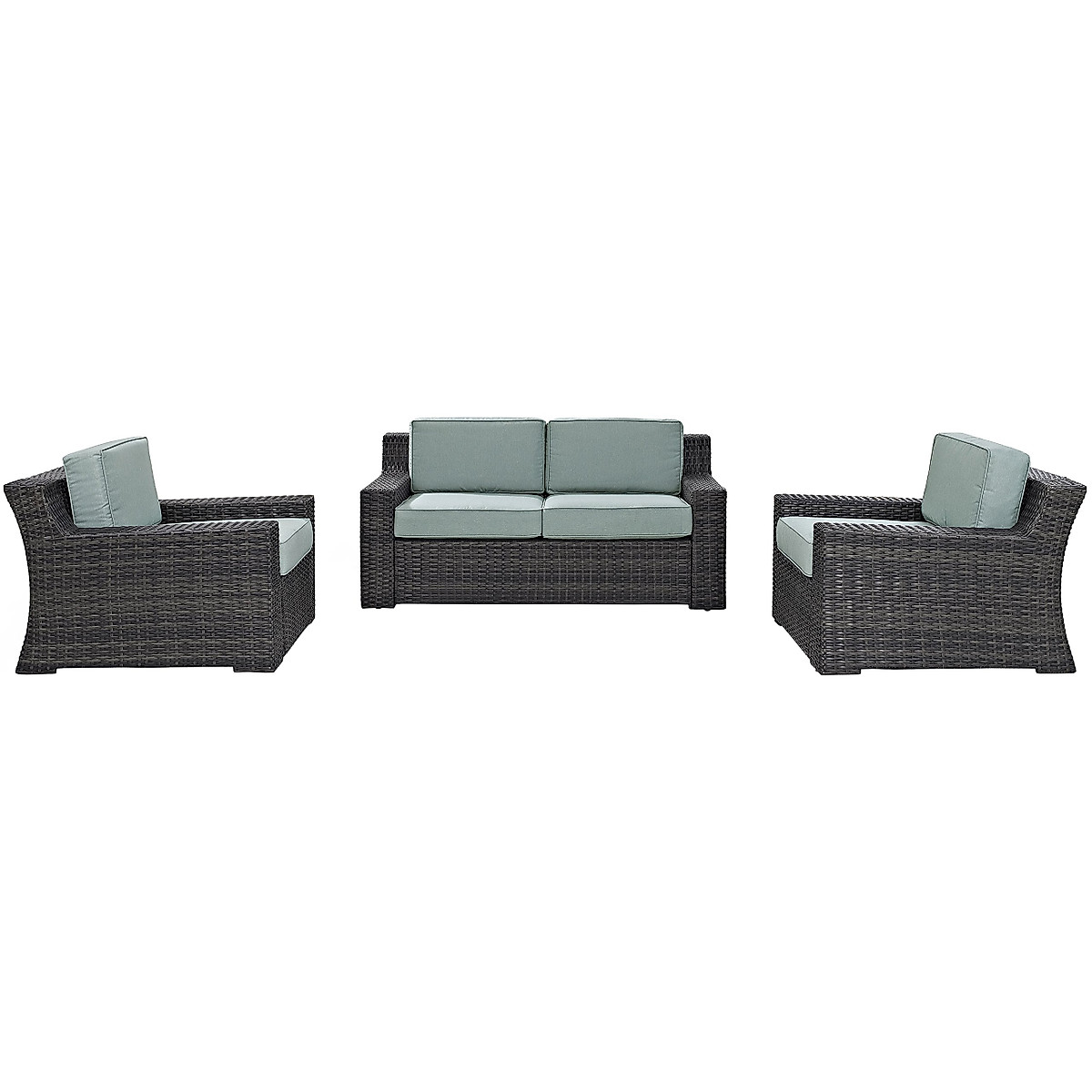 Crosley Furniture Beaufort Beaufort 3-Piece Outdoor Loveseat Patio Furniture Set, Wicker Conversation Sets for Porch, Brown with Mist Cushions