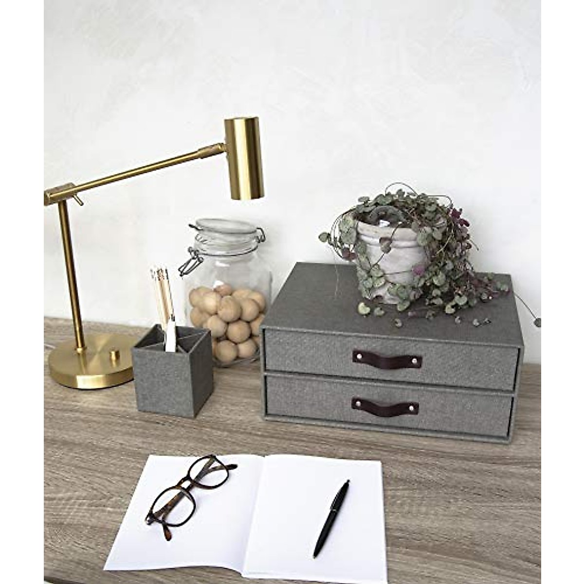 Bigso Birger 2-Drawer Canvas Fiberboard Easy Pull Handle Document Letter Box, 5.7 x 13 x 9.8 in, Grey