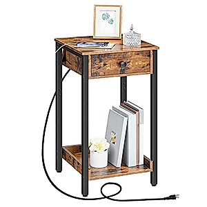 HOOBRO Nightstand with Charging Station, Tall Side Table, End Table with Drawer and Storage Shelf, Industrial End Telephone Table, for Study, Bedroom, Space Saving, Rustic Brown and Black BF71UBZ01