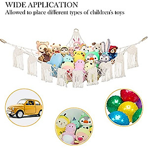 Zeesa Stuffed Animal Net or Hammock, Boho Hanging Net Storage with Macrame, Corner Toy Net Holder for Plush Toys Display, Beige