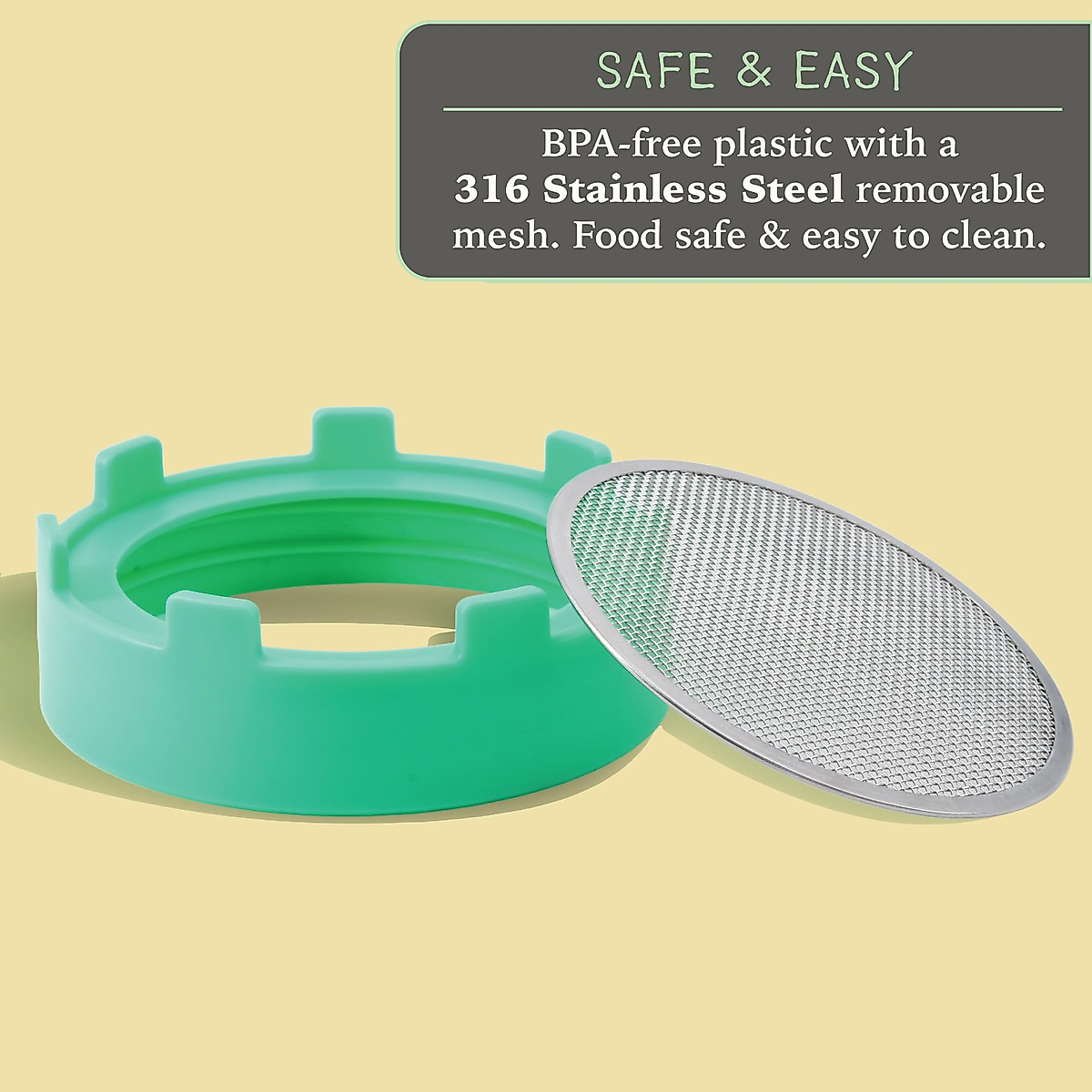 Elementi Sprouting Lids for Wide Mouth Mason Jars (Set of 2), Sprouting Jar Kit for Organic Sprouts, Alfalfa & Mung Bean Sprouts Grow Kit, 316 Stainless Steel Mesh Screen Strainer Lid (Mint Green)