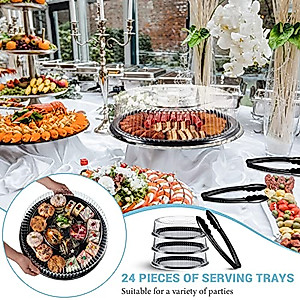 24 Sets 16 Inch Catering Trays with Lids Plastic Serving Trays with 24 Lids and 24 Plastic Serving Tongs Disposable Stackable Trays Black Round Catering Trays for Party Picnic Appetizers Takeout Food