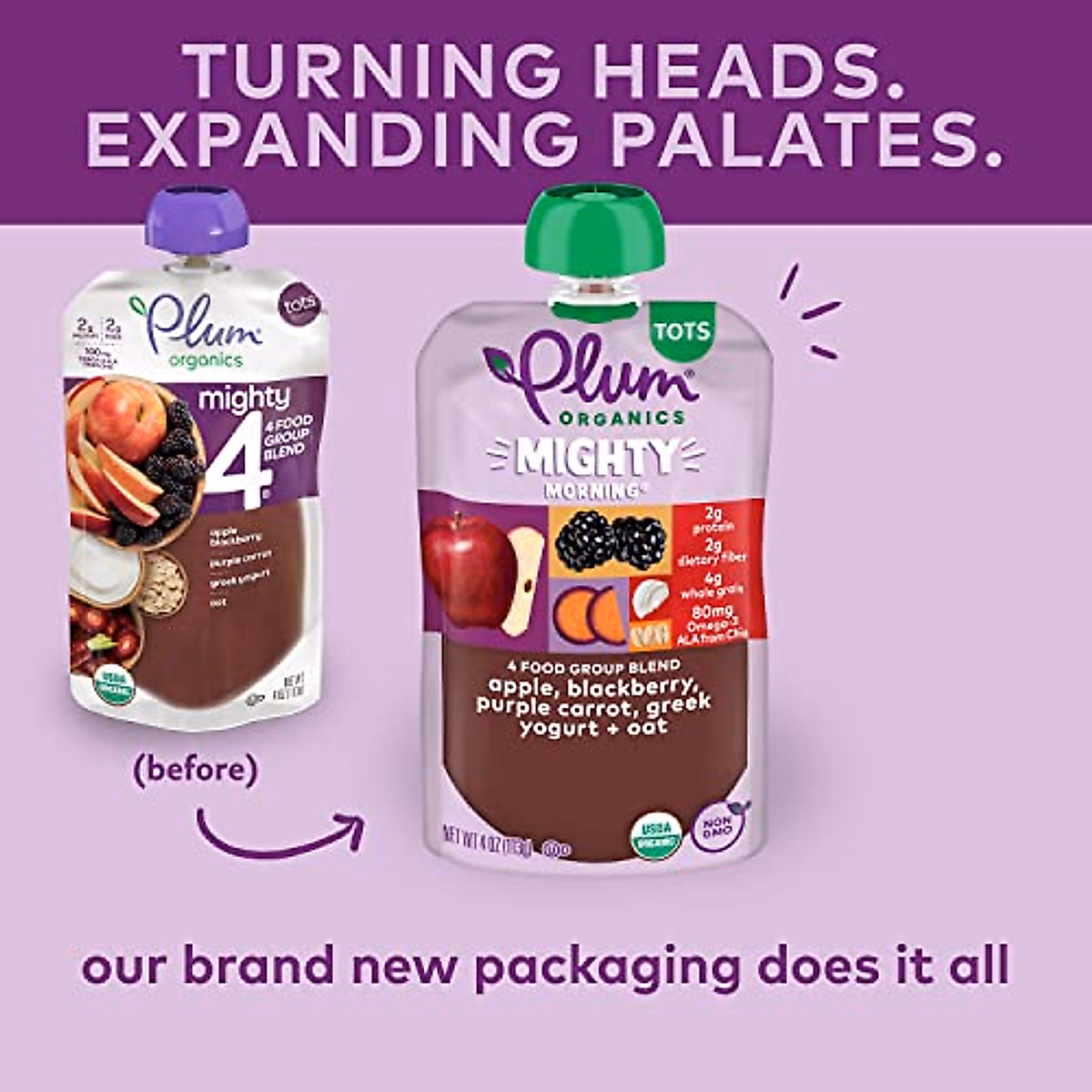 Plum Organics Baby Food Pouch | Mighty 4 Blends | Apple, Blackberry, Purple Carrot, Greek Yogurt & Oat | 4 Ounce | 12 Pack | Organic Food Squeeze for Babies, Kids, Toddlers