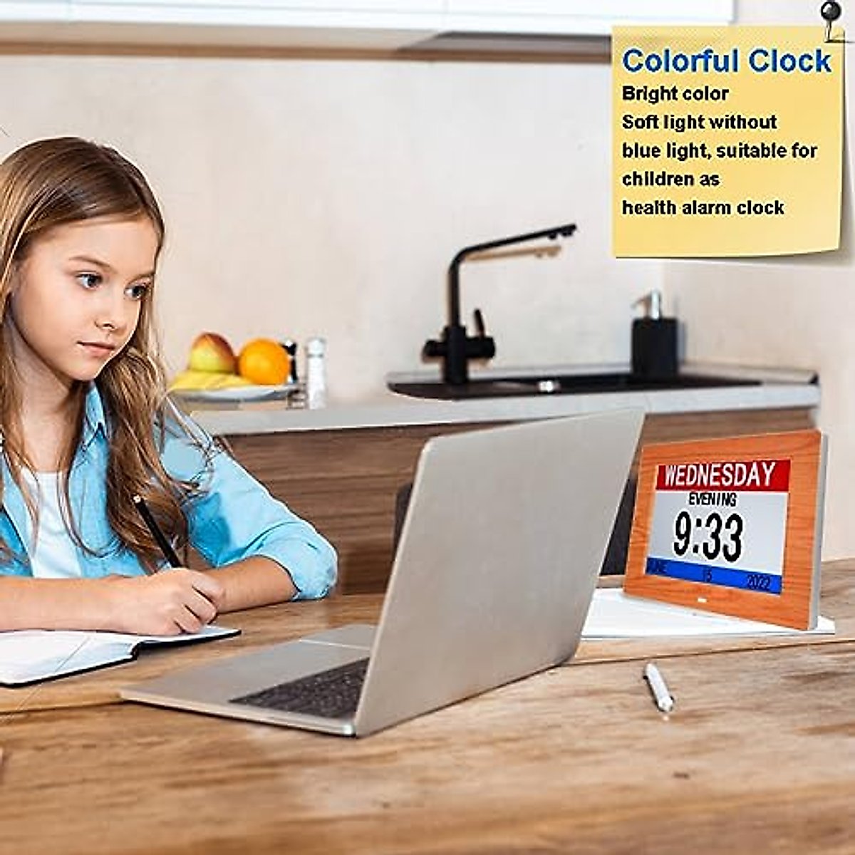 AINFTIME Clock with Day and Date for Elderly-3 Colors Display Digital Calendar Alarm Clock Dementia Alzheimers Clock with Extra Large Display (7in Woodgrain)
