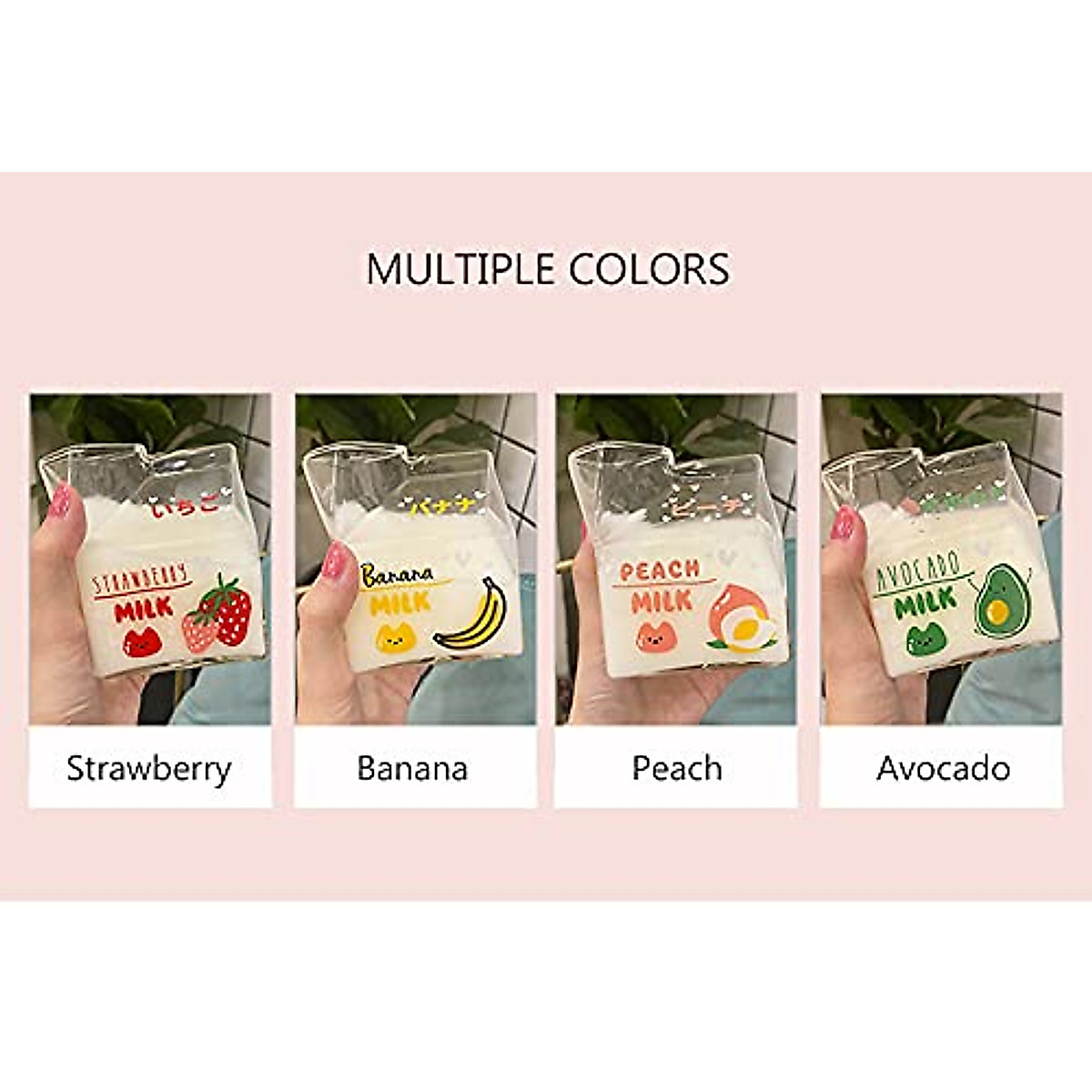 380ml Kawaii Milk Glass Cup Creative Square Clear Milk Carton Water Bottle Wholesale Cute Fruit Heat Resistant Breakfast Cups (Banana, 300-400ml)