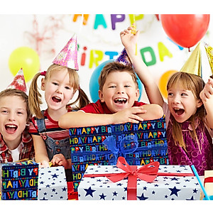 AUCLAY Reversible Birthday Wrapping Paper for Boys Girls Kids Adults Baby Shower Holiday - Colorful Happy Birthday Lettering and Stars Design - Gift Wrapping Paper Roll, 17.7 Inch X 33 Feet