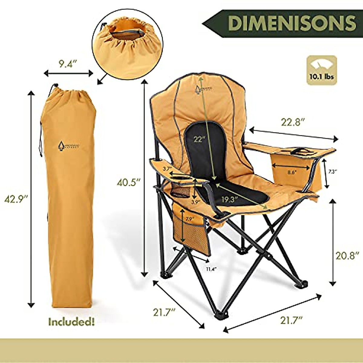 ARROWHEAD OUTDOOR Portable Folding Camping Quad Chair w/ 4-Can Cooler, Cup-Holder, Heavy-Duty Carrying Bag, Padded Armrests, Supports up to 330lbs