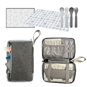 THEO'S Baby Led Weaning Supplies 12 Piece Clutch - Mealtime Essentials With 4 Disposable Splat Mats For Under High Chair, 3 Eco-Friendly Stick On Placemats, 2 Sets Ergonomic Plant Based Spoons & Forks