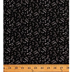 Cotton Music Notes Musical Symbols Bass Treble Clefs Sharps Flats Signs White on Black Jazz Cotton Fabric Print by The Yard (D514.18)