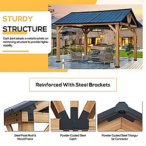 YOLENY 11' x 13' Wood Gazebo Outdoor Gazebo Spruce Wood Framed Gazebo with Black Steel Hardtop Roof for Garden, Patio, Lawns, Parties