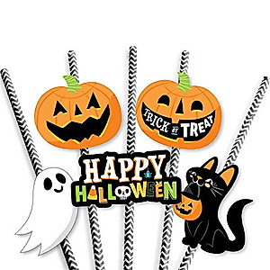 Big Dot of Happiness Jack-O'-Lantern Halloween - Paper Straw Decor - Kids Halloween Party Striped Decorative Straws - Set of 24