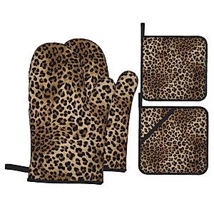 Leopard Print Oven Mitts and 2 Pot Holders Set, Soft Cotton Lining with Non-Slip Surface, Kitchen Microwave Gloves for Baking Cooking Grilling BBQ
