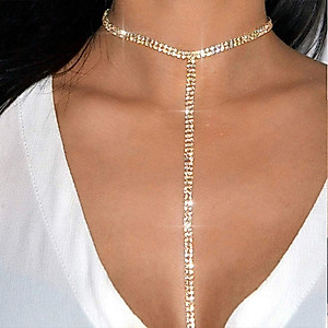 Jovono Rhinestone Choker Necklace Gold Crystal Necklace Sparkly Long Chain Jewelry for Women