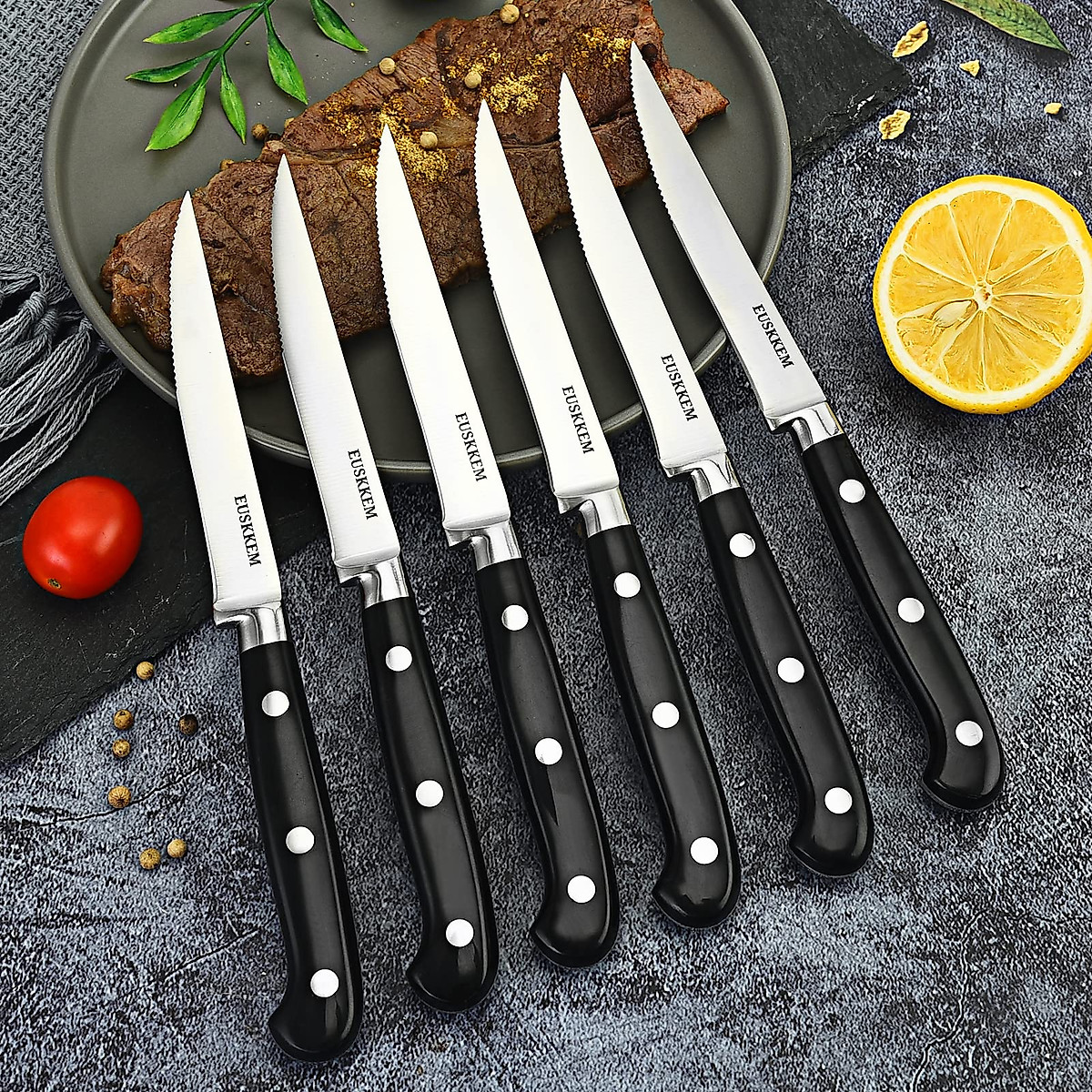 EUSKKEM Steak Knives Set of 6,Steak Knife Set,Durable Full Tang Steak Knives,Sharp Flatware Steak Knives