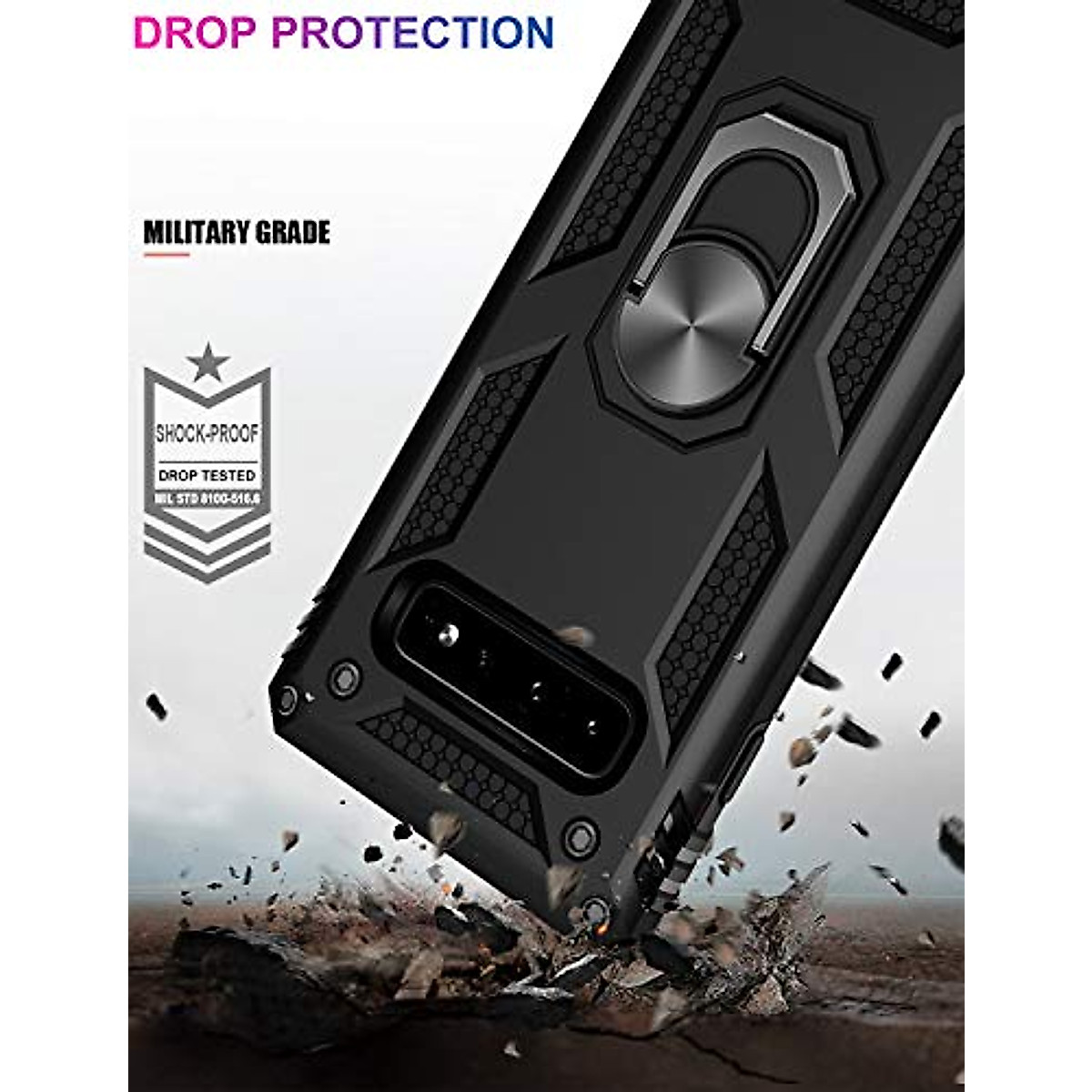 Galaxy S10+ Plus Case, Military Grade Drop Tested, Magnetic Ring Kickstand, Car Mount Compatible, Protective Black Cover