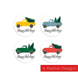 Vintage Trucks Holiday Stickers / 500 Christmas Labels / 4 Winter Evergreen Tree Truck Designs / 1.5" Seasonal Envelope Seals