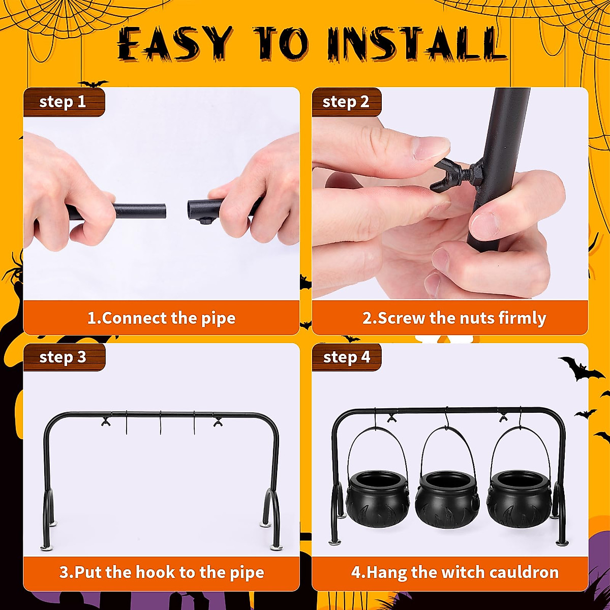 Rdogeia Halloween Decorations Indoor,Halloween Decor- Set of 3 Halloween Witches Cauldron Candy Serving Bowls on Rack,Black Plastic Cauldron with Skeletons for Indoor Outdoor Home Kitchen Decoration