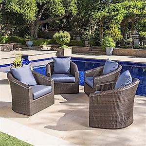 GDFStudio Outdoor Aluminum Framed Mix Brown Wicker Swivel Club Chair with Water Resistant Cushions (Set o f4, Navy Blue)