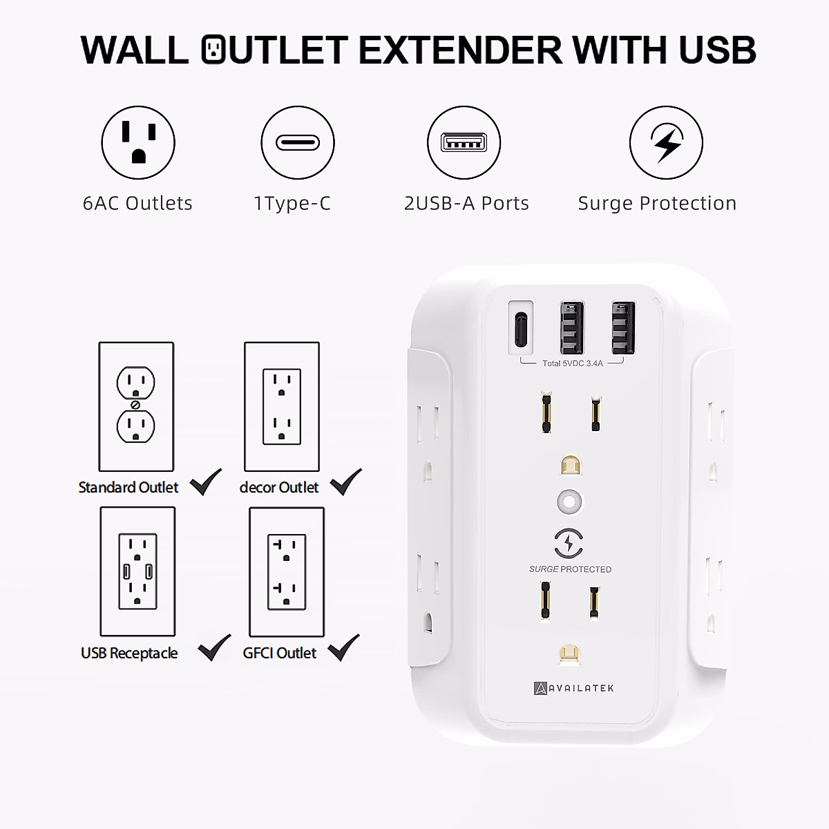 Outlet Extender and USB Wall Charger, 6 Outlets, 2 USB Ports and 1 USB-C Port Surge protector. Multi-outlet for Home, Office, Travel
