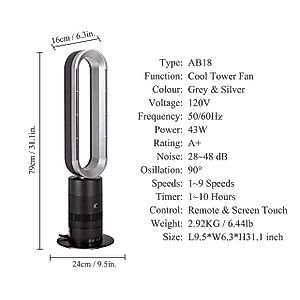 Ocean Loong AB18G Bladeless Tower Fan, 9 Speeds & 32 inchs Leafless Fan with Remote Control,Air Circulator Fan for Home Air Conditioner, Grey/Silver