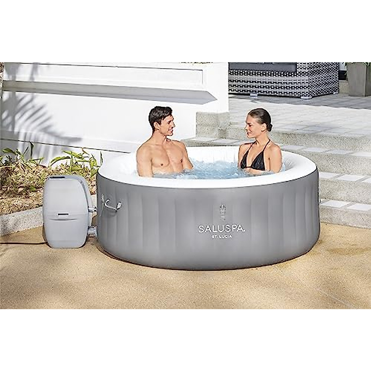 Bestway St. Lucia SaluSpa 2 to 3 Person Inflatable Round Outdoor Hot Tub with 110 Soothing AirJets, Filter Cartridge, Pump, and Insulated Cover, Gray