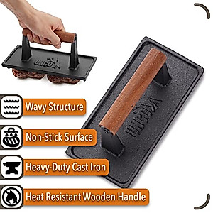 UNCO- Cast Iron Grill Press, 8.5 x 4.1 Inch, 2.6 lbs, Burger Press for Griddle, Sandwich Press, Bacon Press for Griddle, Griddle Press, Meat Press Cast Iron, Hamburger Press for Griddle