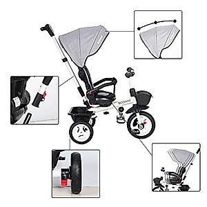 BOOWAY Baby Trike, 6-in-1 Kids Stroller Tricycle with Adjustable Push Handle, Removable Canopy, Safety Harness for 6 Months - 5 Year Old