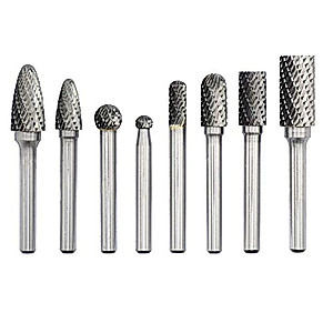 Carbide Burr Set 8pcs with 1/4''Shank Double Cut Solid Power Tools Tungsten Carbide Rotary Files Bits for Die Grinder Metal Wood Carving Engraving Polishing Drilling Grinding Milling Cutting