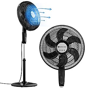 Comfort Zone CZST180BK PowrCurve Pedestal Fan, 6 Blades, Tri-Curve Grill, 180-Degree Adjustable Tilt, 3-Speed, 18-inch, Black