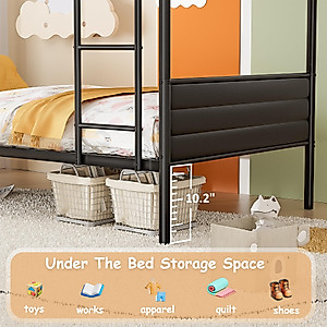 Whalefall Metal Bunk Bed Twin Over Twin, Convertible Into 2 Individual Twin Bunk Beds for Kids Adults, Twin Size Bed with Removable Ladder & Upholstered Headboard, Space-Saving, Easy Assembly(Black)