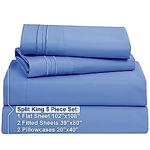 Nestl Split King Sheets for Adjustable Beds - 5 Piece Split King Sheets Set, Deep Pocket, Hotel Luxury, Extra Soft, Breathable and Cooling, Calm Blue Split King Bed Sheets