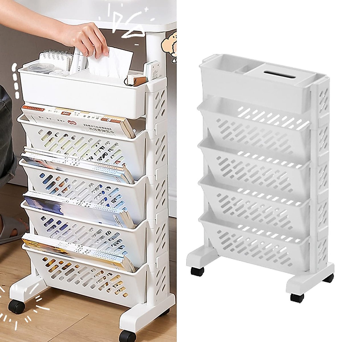 Tnfeeon Movable Bookshelf, Large Capacity Plastic Compact Stable Structure Storage Organizer Shelf for Office (5 Layer)