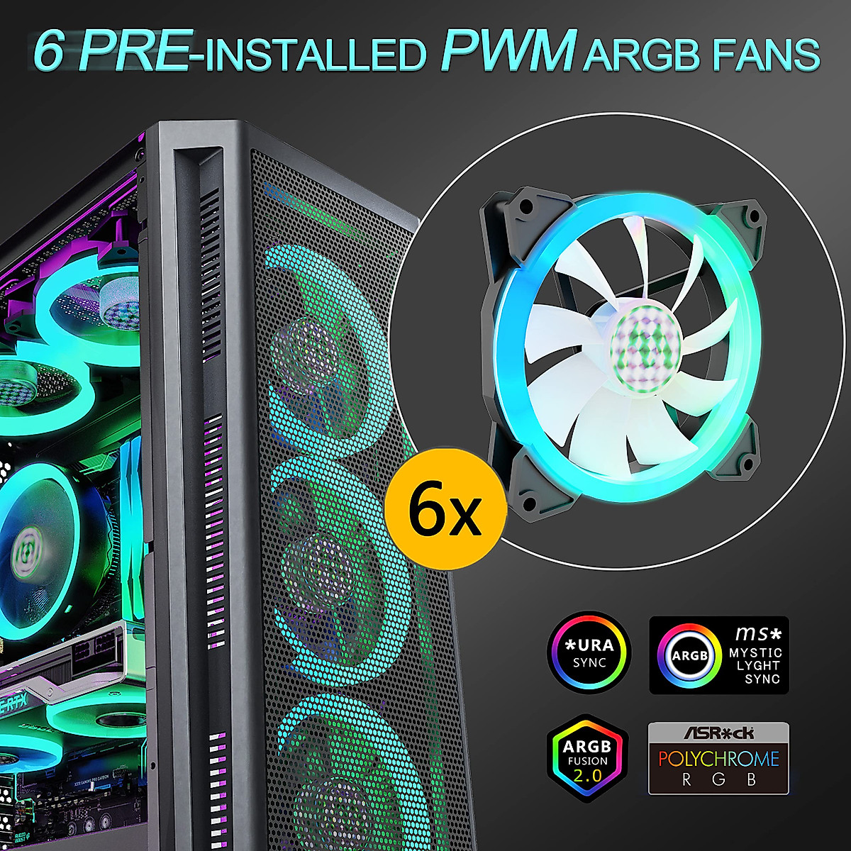 MUSETEX ATX PC Case Pre-Install 6 PWM ARGB Fans, Mid Tower Gaming Case with Opening Tempered Glass Side Panel Door, Mesh Computer Case, TW8