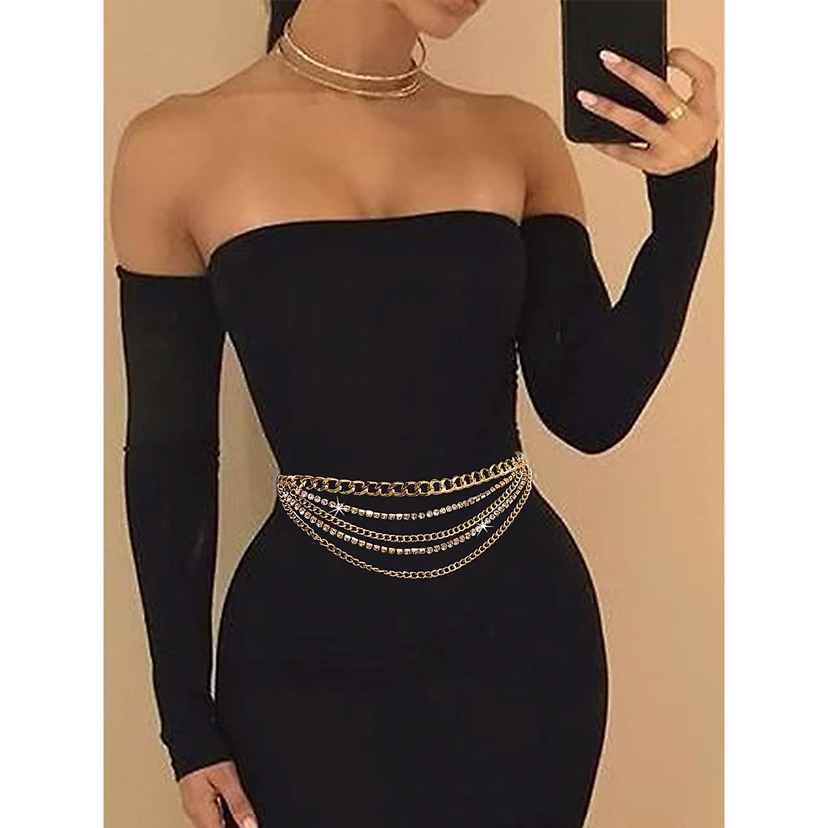 Cosydays Rhinestone Waist Chain Gold Metal Belt Layered Body Chain Crystal Belly Chain Party Sexy Body Jewelry for Women and Girls