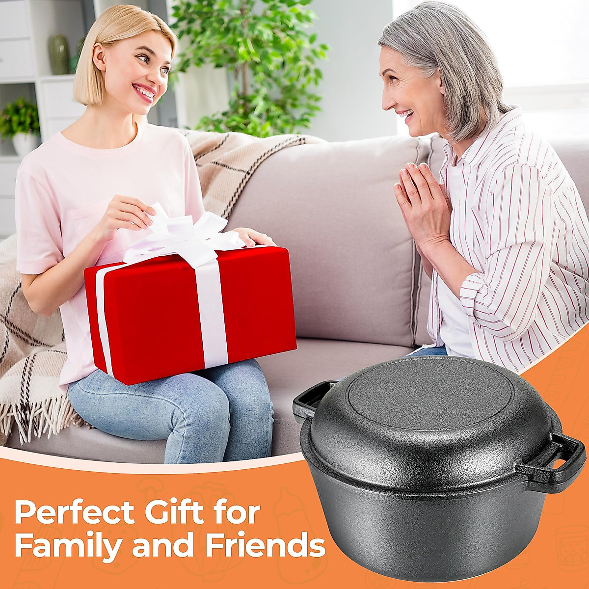 LIFERUN Dutch Oven Pot with Lid, 5.1 Quart Pot without Lid + 1.9 Quart Lid - Cast Iron Dutch Oven with Lid - Lid Doubles as Cast Iron Skillet - Silicone Handle Holders, Iron Stand - Use in the Oven, Stove, BBQ, Grill, Campfire