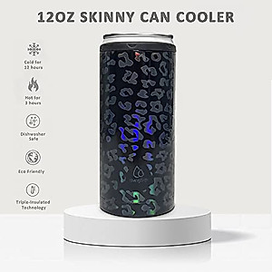 Swig Sip Skinny Can Cooler - Double Wall Stainless Steel Vacuum Insulated Can Holder for 12oz Slim Tall Beverage Bridesmaid Gift (Laser Black Leopard)