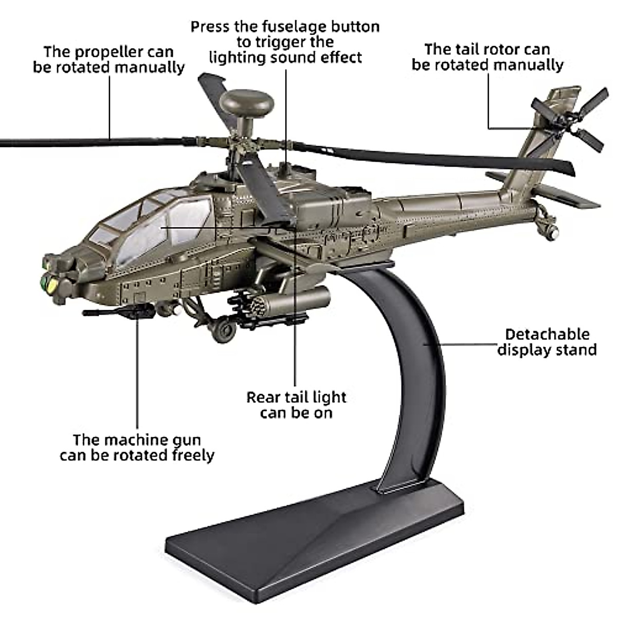 OANMYJJO Helicopter for Boys AH-64 Longbow Apache Helicopter Model Airplane,Diecast Military Attack Helicopter，Model Airplane with Light and Sound，Suitable for Military Lovers to Collect and Gift.