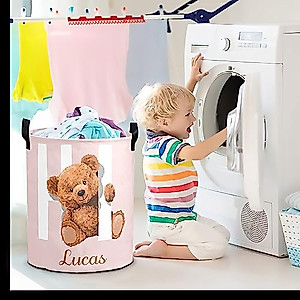 Meet Pink Teddy Bear Personalized Freestanding Laundry Basket Clothes Hamper Waterproof,Custom Laundry Collapsible Storage Bins Toys Baskets with Handle for Bedroom Bathroom