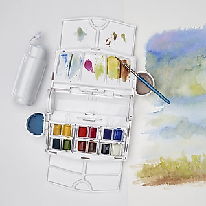 Winsor & Newton Cotman Watercolor Paint Set, Field Travel Set, 12 Half Pan w/ Brush, Mixing Palette, Bottle