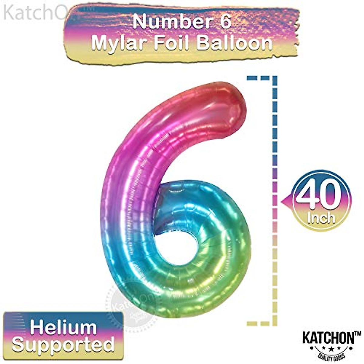 KatchOn, Giant Rainbow Number 6 Balloon - 40 Inch, Rainbow 6 Balloon Number | 6 Balloons for Birthday Girl | Six Balloon Number for 6th Birthday Decorations for Girls | 6th Birthday Balloons for Girls