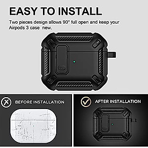 OETKER Compatible AirPods 3 Case Cover, Secure Lock Clip Full-Body Rugged Airpods 3rd Generation Shockproof Case Hard Shell for Men Women with Keychain for Airpod Gen 3 Charging Case 2021,Black