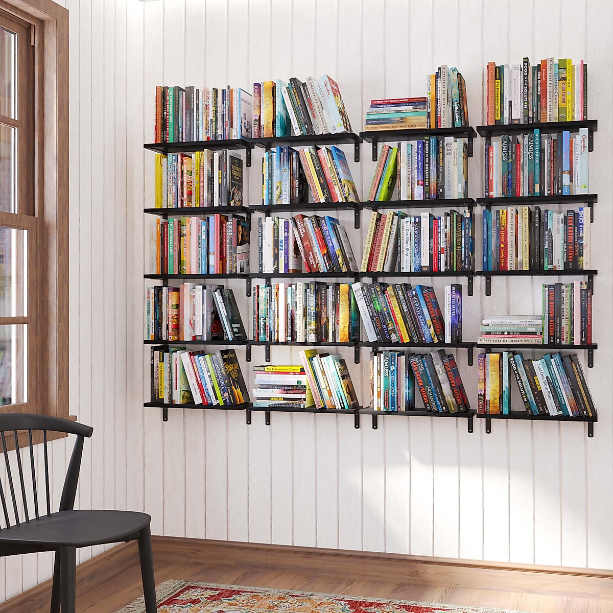 Wallniture Palma 17''x6'' Floating Shelves, Wall Bookshelf for Living Room, Rustic Wood Shelves for Office Decor, Wall Shelves with 5'' Bracket, Set of 20, Black