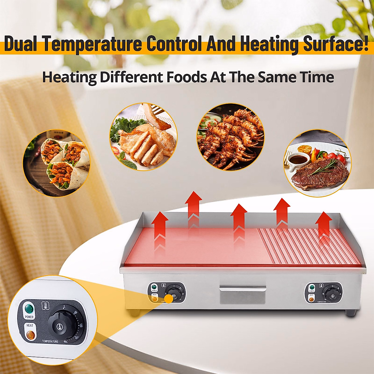 GARVEE 29" Commercial Electric Griddle, 110V, 3000W Resterant Countertop Griddle, Stainless Steel Half Grooved/Flat Top Grill with Adjustable Temperature Control 122°F-572°F(NO PLUG)