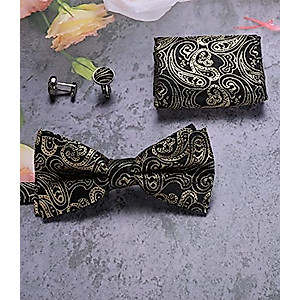DiBanGu Black Gold Paisley Bow Tie for Men Adjustable Pretied Bow Tie Handkerchief Cufflinks