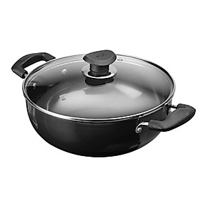 Vinod Black Pearl Hard Anodized Deep Kadhai with Glass Lid – Black - 3.1 Liters (3.2 Quarts) – 24cm – Riveted Handles - Multi-Use Pot/ Wok - Suitable For Indian Cooking, Sauces, Pasta, Stews, Soups