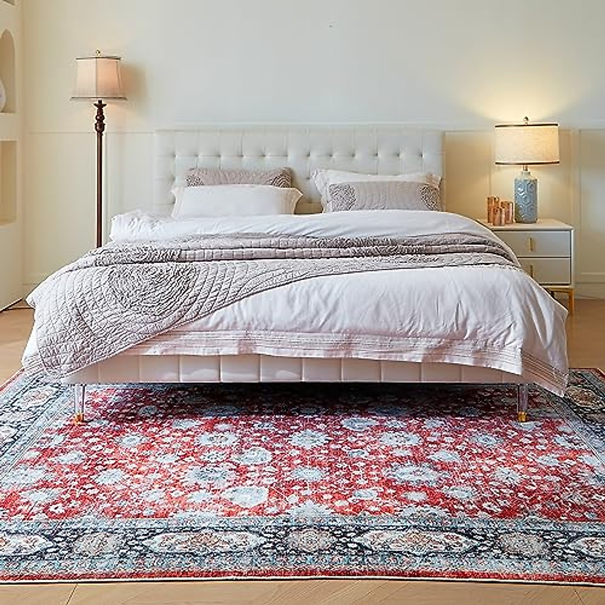 Rugcomf Area Rug 5x7 Washable Rug Boho Rug Soft Non-Slip Non-Shedding Faux Wool Vintage Rug for Living Room, Bedroom Rug, Farmhouse, Dining Room, Indoor, Kids Playroom (Red)