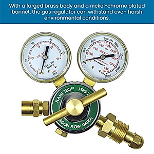 Flame Tech Flow Gauge Argon Regulator, Easy to Read 2” Dual-Scale Gauges, Ideal Welding Tool, Sturdy Construction, Comes Packaged in a Black Box, Tested in The USA
