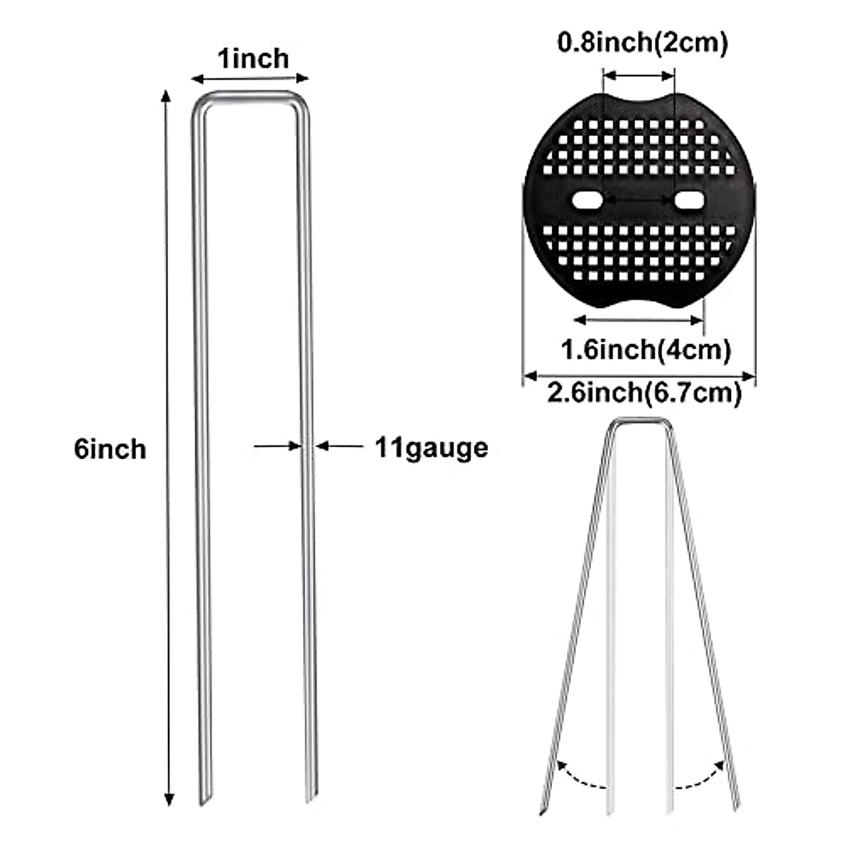 Whonline 100pcs 6 Inch Landscape Staples Set, 50pcs Galvanized Garden Staples and 50pcs Gasket, 11 Gauge Heavy Duty Fabric Staples for Securing Lawn Fabric, Weed Barrier