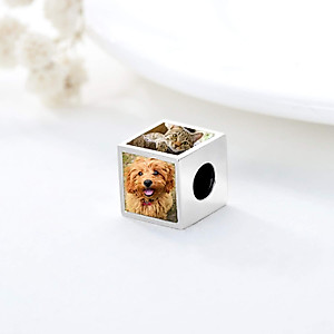 LONAGO Personalized Four-Sided Photo Charm 925 Sterling Silver Customized Bead Holds 4 Images Pictures Fit Snake Bracelet for Women