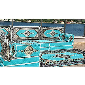 Turquoise Arabic Floor Sofa Set, Floor Cushions, Balcony Patio Sofas, Terrace Sofa, Ethnic Sofa, Moroccan Sofas, Sectional Sofas, Hookah Sofas (L Sofa + Rug)